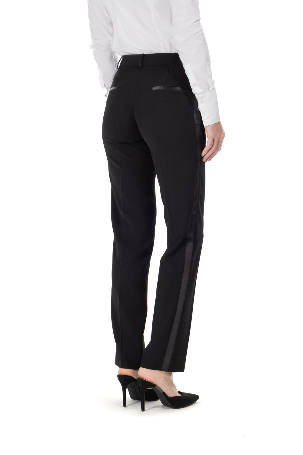 Black Slim Fit Tuxedo Pants with Satin Back Pocket for Women