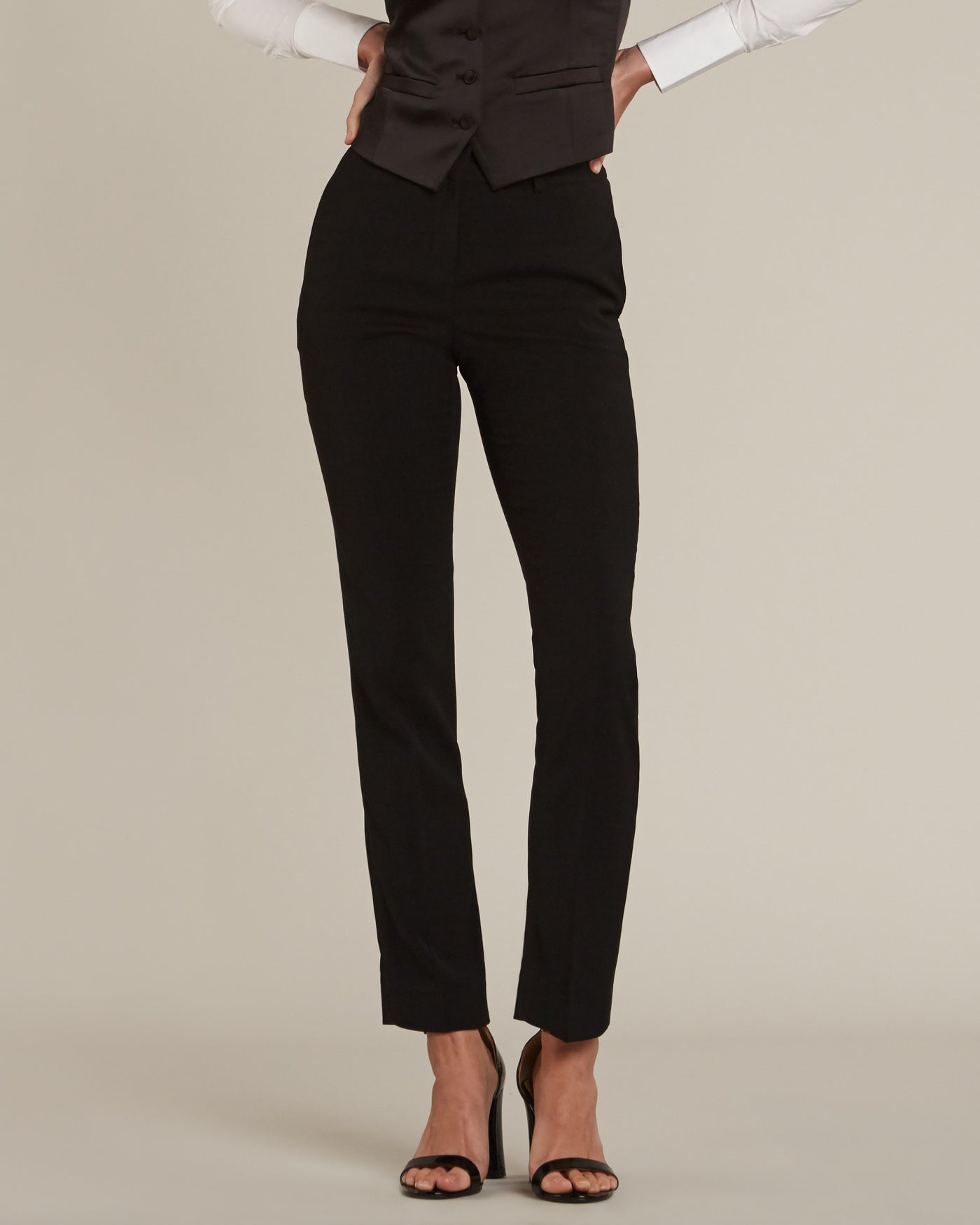 Black Slim Fit Tuxedo Pants with Satin Back Pocket for Women